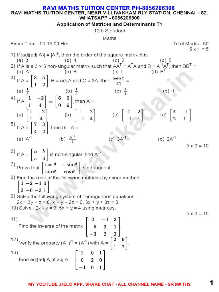 152 Model Question 12TH MATHS | PDF | Matrix (Mathematics) | System Of Linear Equations