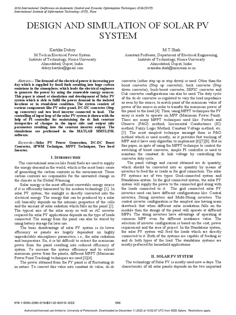 Design and Simulation of Solar PV System | PDF | Power Inverter | Photovoltaic System