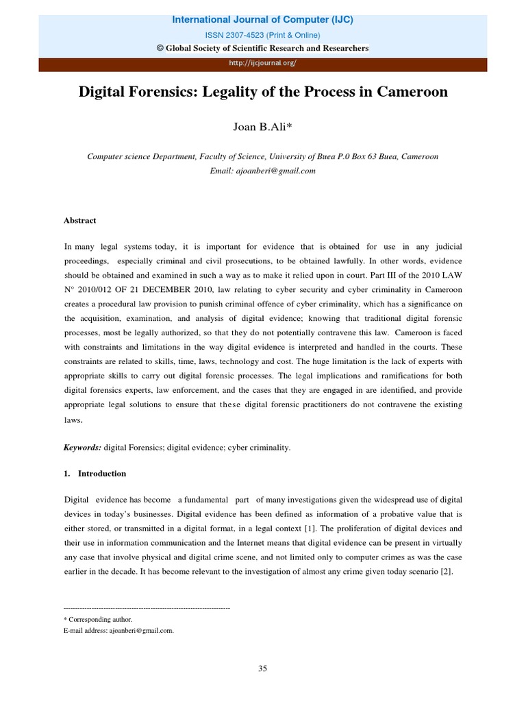 Digital Forensics: Legality of The Process in Cameroon: Joan B.Ali | Download Free PDF | Digital ...