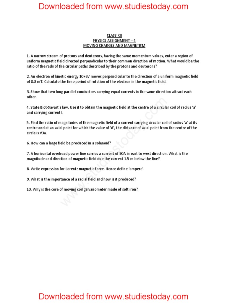 CBSE Class 12 Physics Worksheet - Moving Charges and Magnetism | PDF