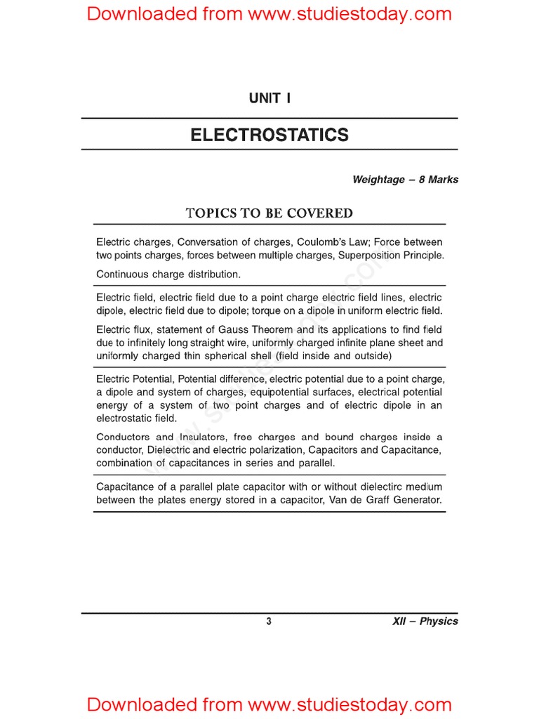CBSE Class 12 Physics Assignment - Electrostatics | PDF