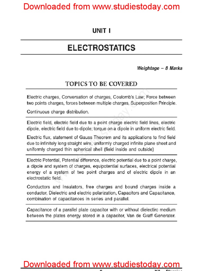 CBSE Class 12 Physics Electrostatics Notes and Questions | PDF