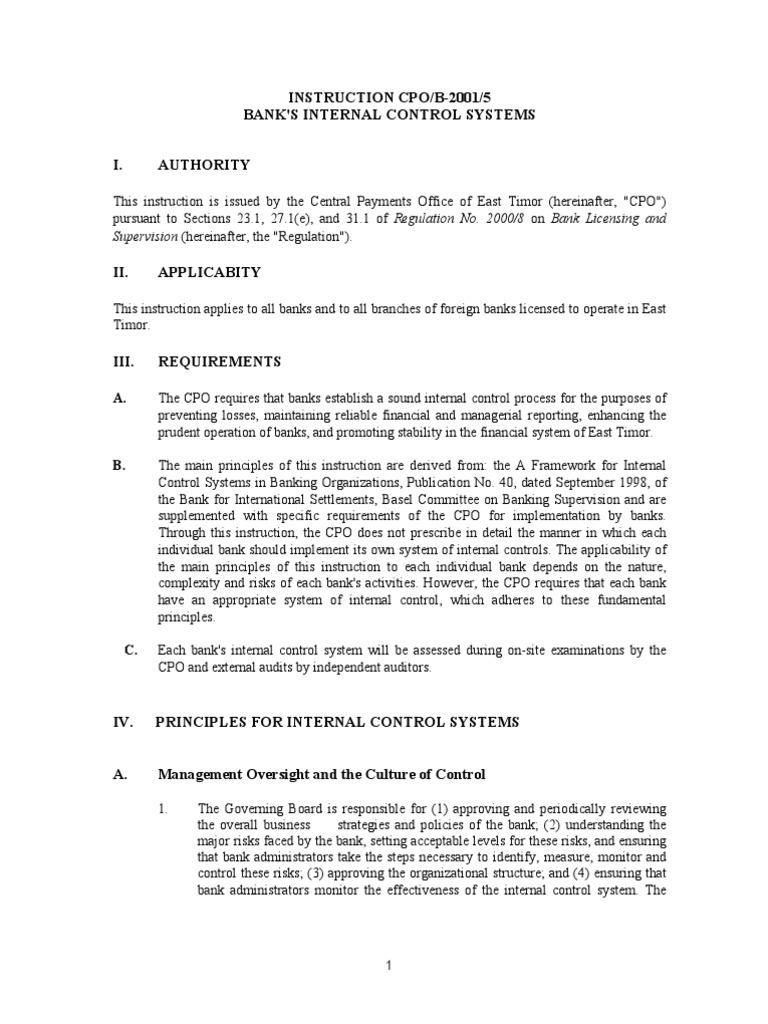 INSTRUCTION CPO/B-2001/5 Bank'S Internal Control Systems: Supervision ...