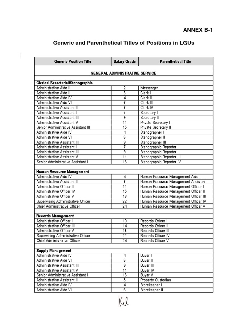 Annex B 1 Generic and Parenthetical Titles of Positions in LGUs 9 7 2022 | PDF | Bookkeeping ...