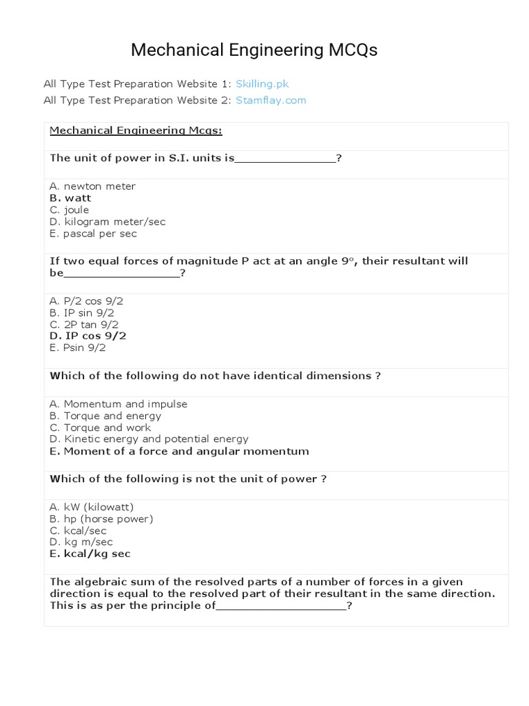 Mechanical Engineering MCQs | Download Free PDF | Jet Engine | Pump Mechanical Engineering MCQs | Download Free PDF | Jet Engine | Pump