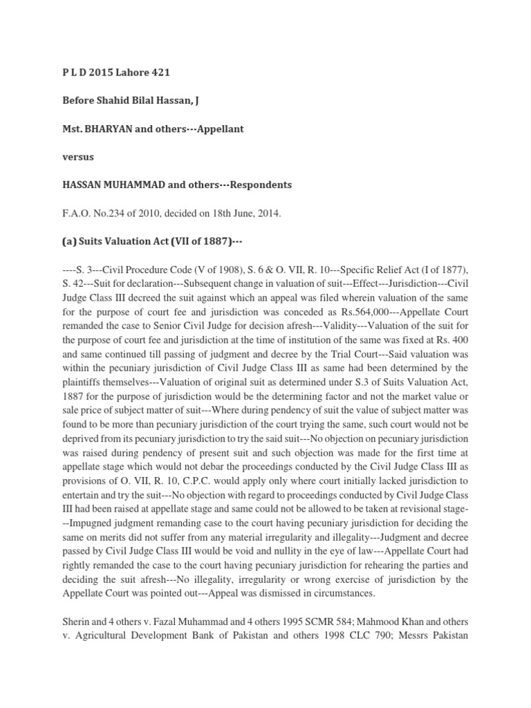 PLD 2015 Lah. 421 | PDF | Lawsuit | Judgment (Law)