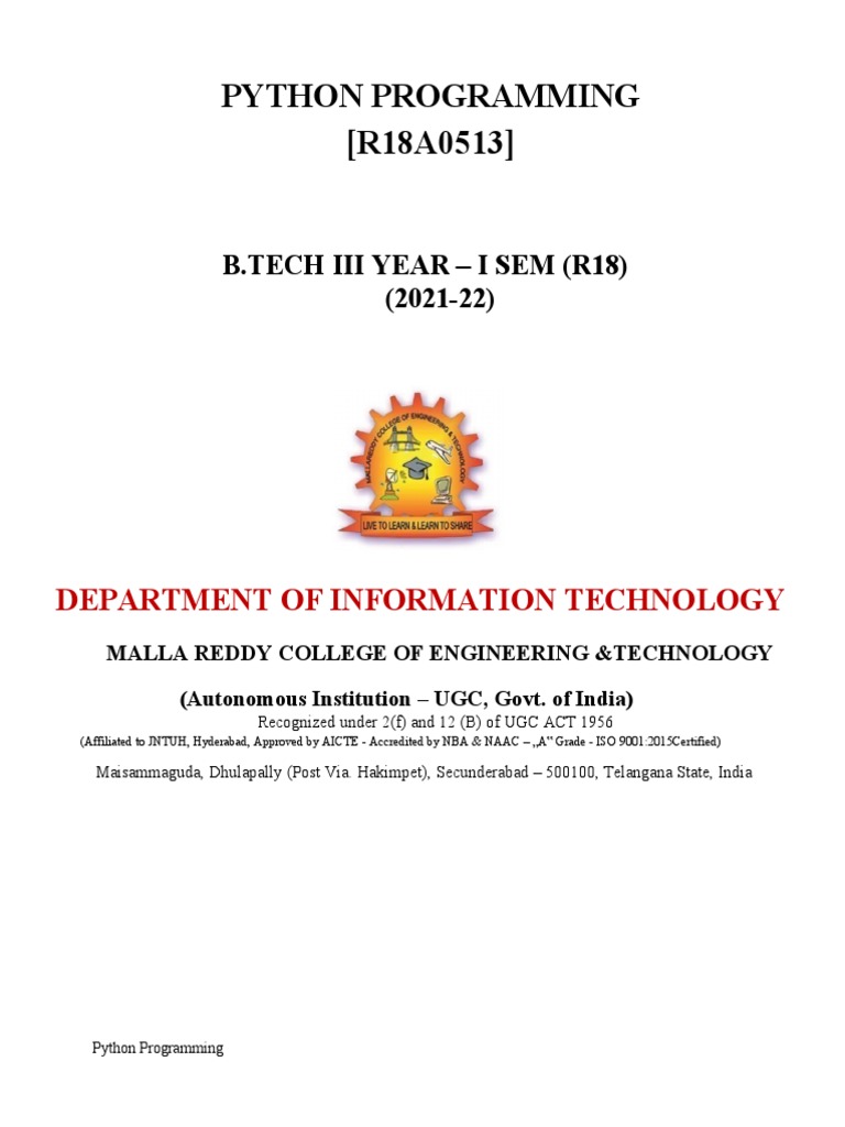 Python Programming R18A0513: B.Tech Iii Year - I Sem (R18) (2021-22) | Download Free PDF ...