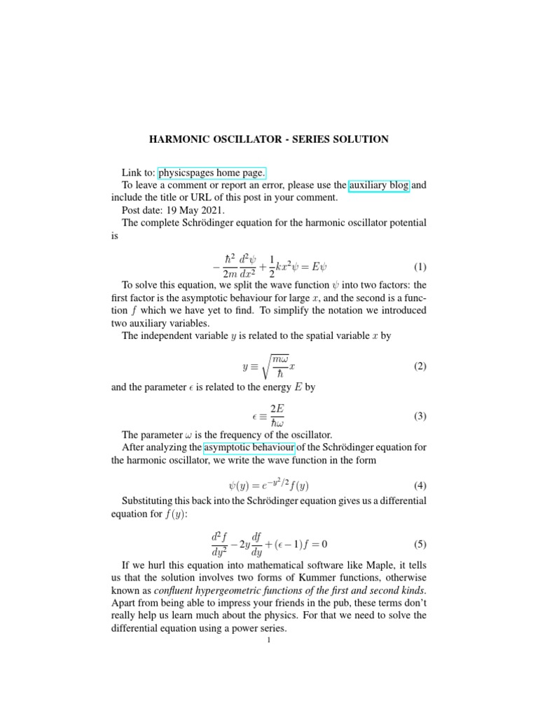 Harmonic Oscillator - Series Solution | PDF | Equations | Oscillation
