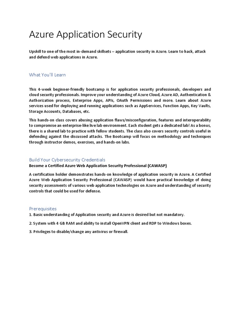 Azure Application Security Bootcamp Syllabus | PDF | Microsoft Azure ... Azure Application Security Bootcamp Syllabus | PDF | Microsoft Azure ...