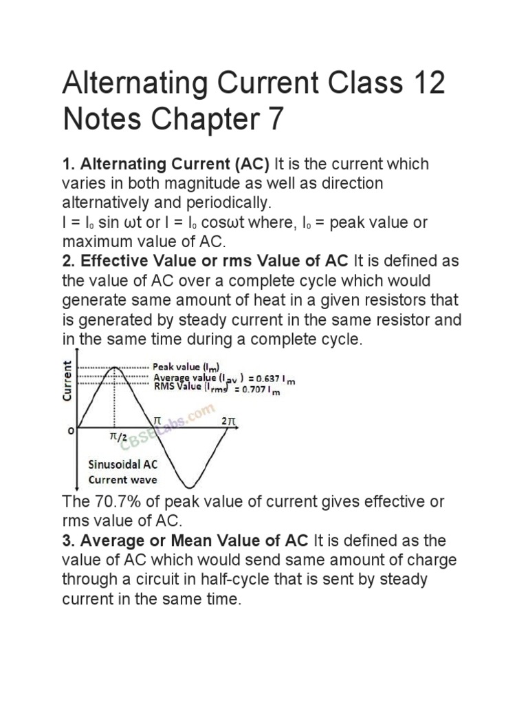 Alternating Current Class 12 Notes Chapter 7 | PDF