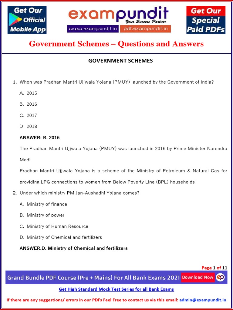 Government Schemes Questions and Answers PDF | PDF | Government Of ...