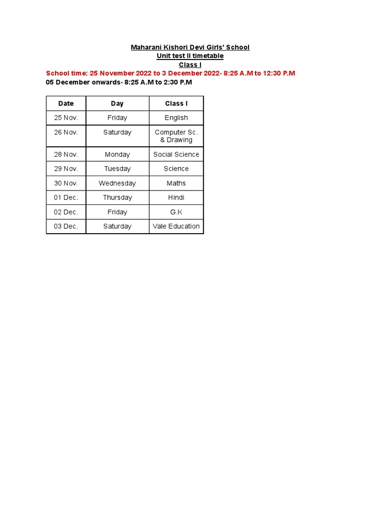 Unit Test Time Table | PDF