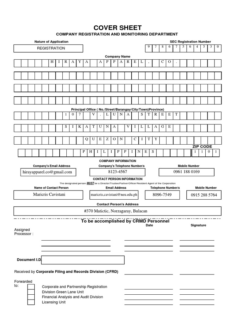 Cover Sheet For Registration (General) | PDF | Business | Computing