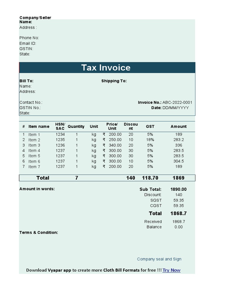 Cloth Bill Format 2 | PDF