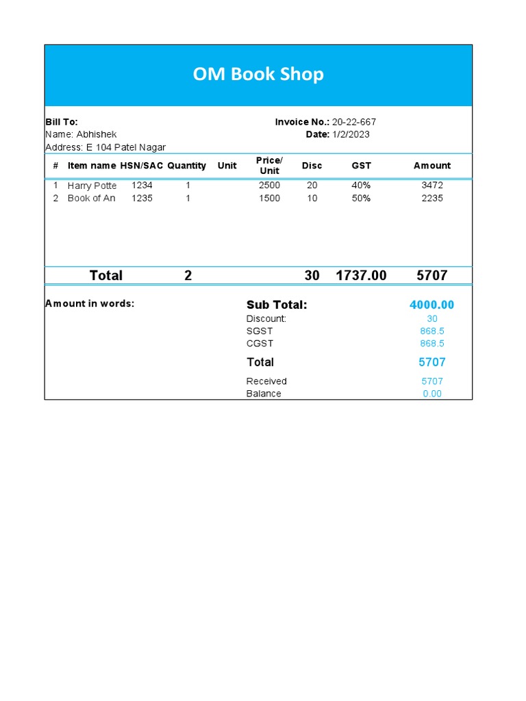 Stationery Shop GST Bill Format | PDF