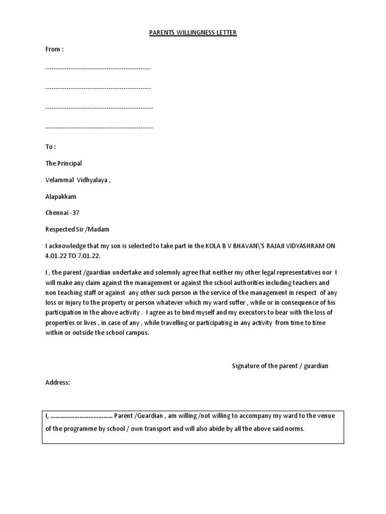 Parent Willingness Letter for Sports | PDF