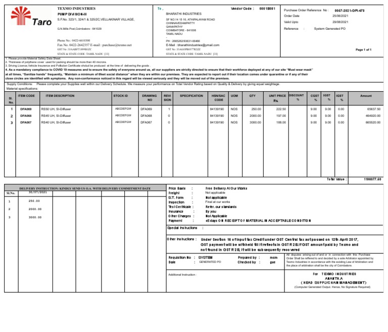 Texmo Industries Purchase Order Details | PDF | Business | Economies