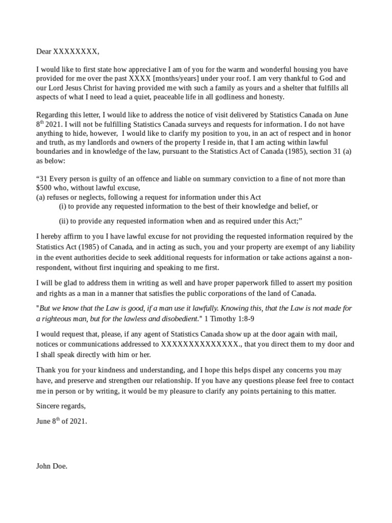 Template Letter To Landlord For Census Canada 2021 | PDF