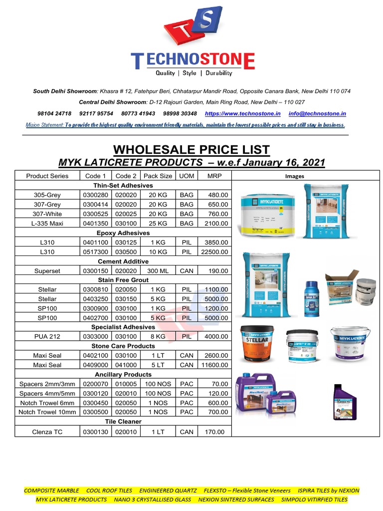 MYK Laticrete Products Wholesale Price List W.E.F 16.01.2021 | PDF ...