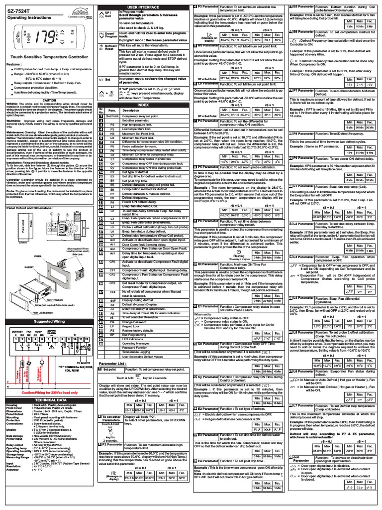 User Interface and Operating Instructions for the SZ-7524T Touch Sensitive Temperature ...