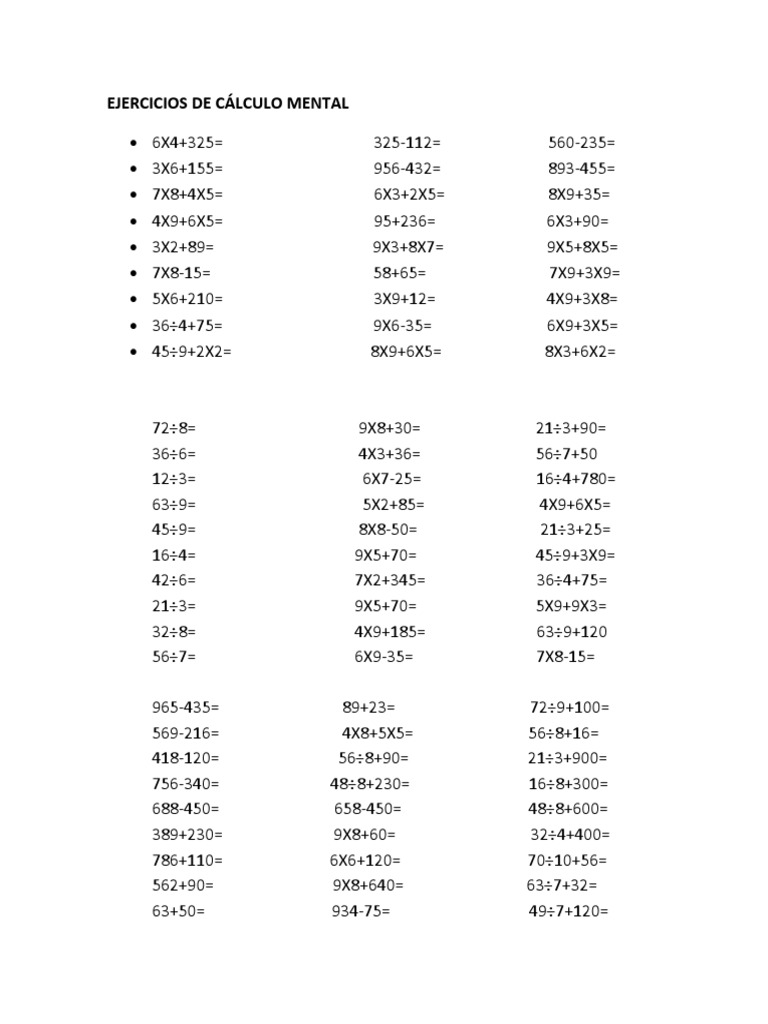 Ejercicios de Calculo Mental | PDF
