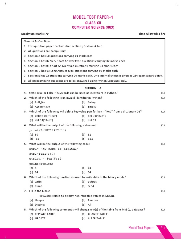 Computer Science Xii Model Test Paper 1 Pdf Databases Computer Programming