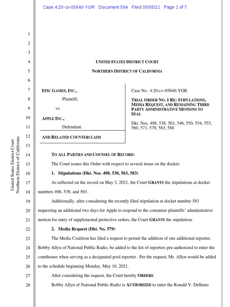 Epic v. Apple 20 CV 05640 YGR DKT 594 Trial Order 1 | PDF