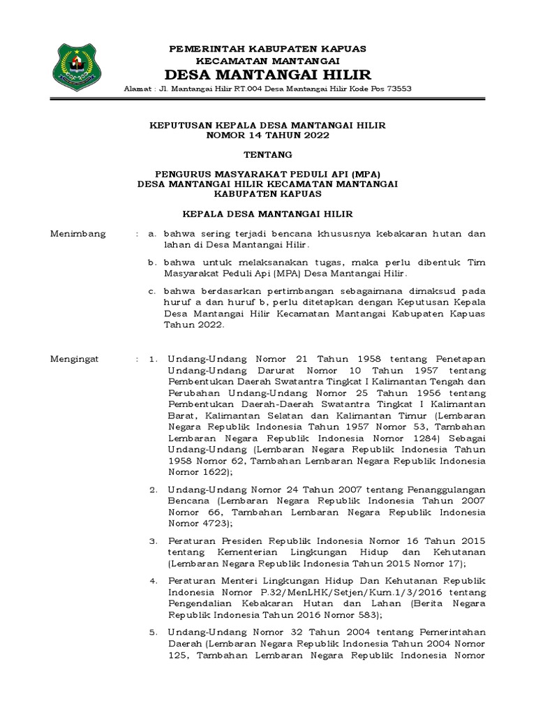 Draf SK Masyarakat Peduli Api (MPA) | PDF