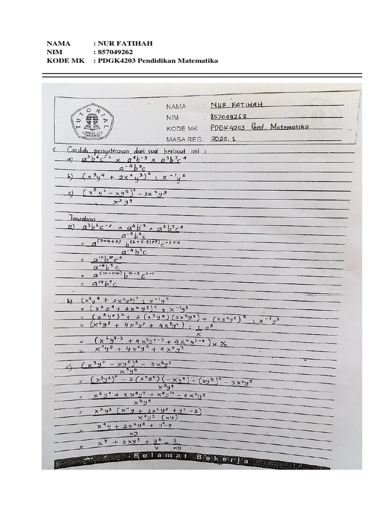 TUGAS 2 PDGK4203 Matematika (NUR FATIHAH 857049262) | PDF