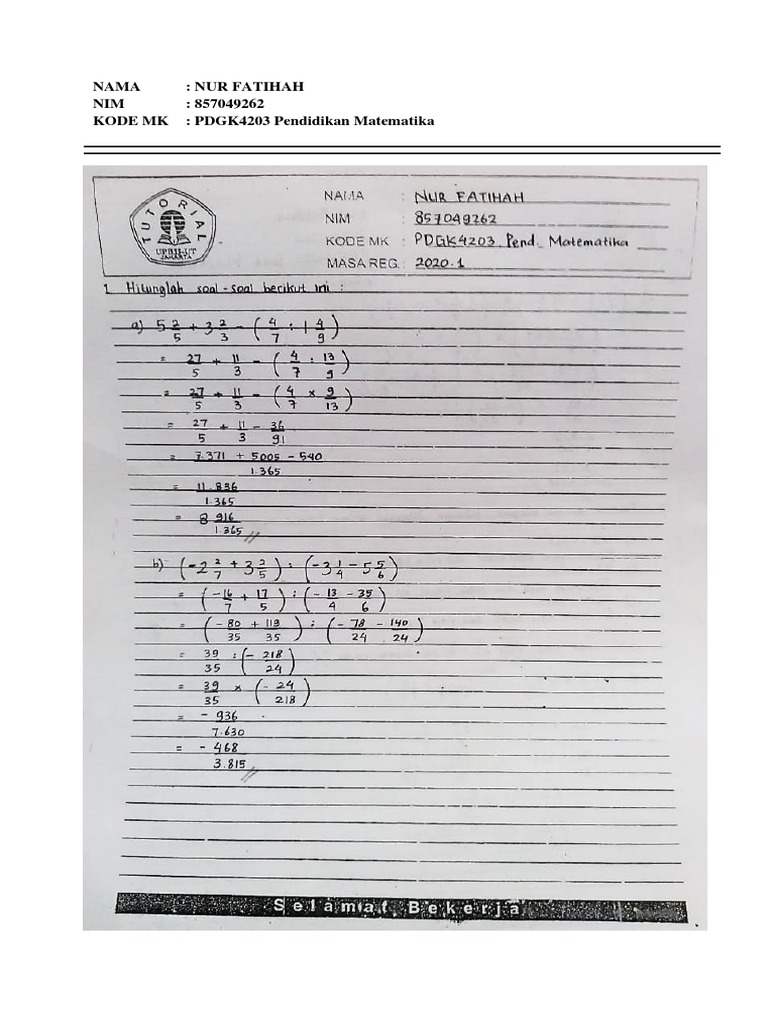 TUGAS 3 PDGK4203 Matematika (NUR FATIHAH 857049262) | PDF