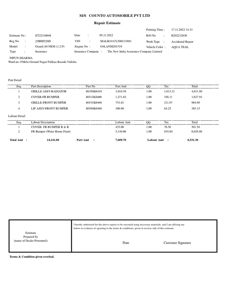 Estimate of Vehicle 22BH9228D | PDF | Private Transport | Vehicle ...