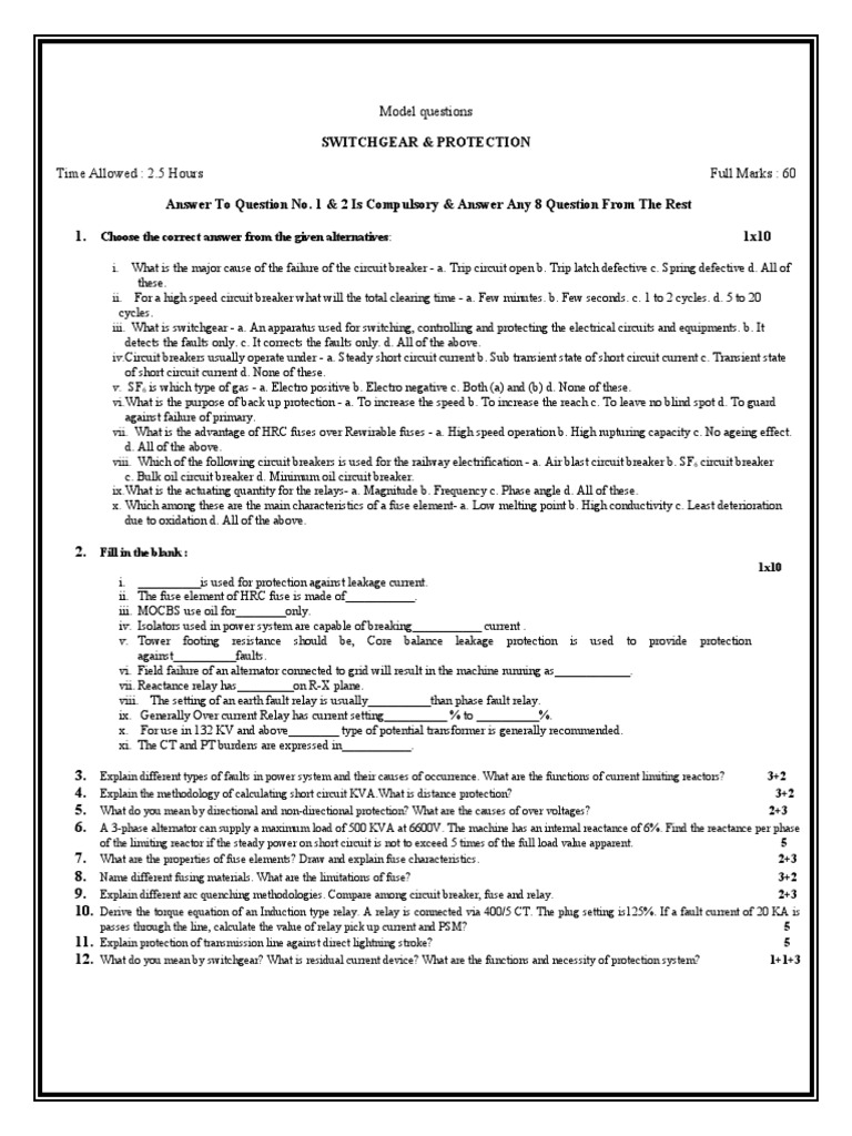 Model Questions Of Switchgear Protection Download Free Pdf Fuse