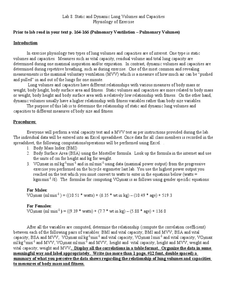 Lab 8. Static and Dynamic Lung Volumes and Capacities-1 | PDF | Lung | Volume