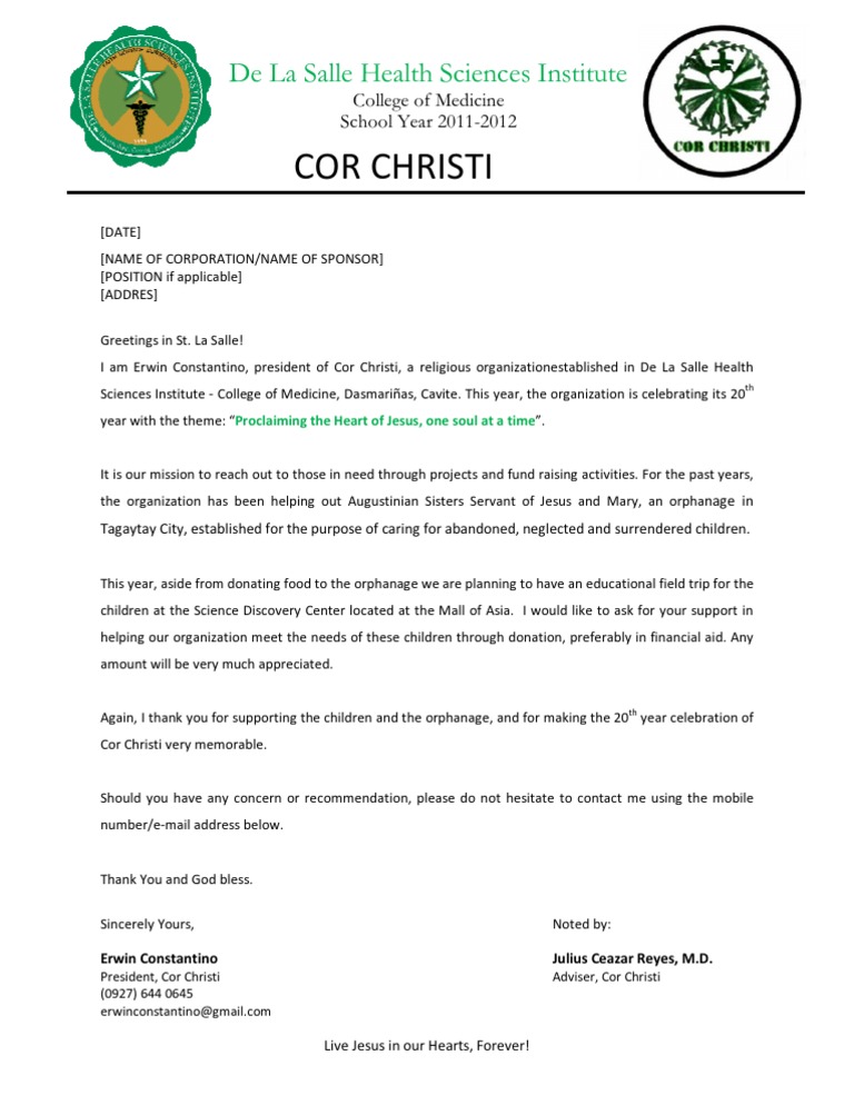 Solicitation Letter For Orphanage Project - COR CHRISTI | PDF