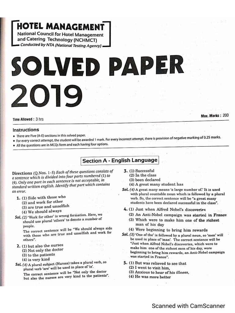 NCHMCT Jee 2019 Solved Paper | PDF