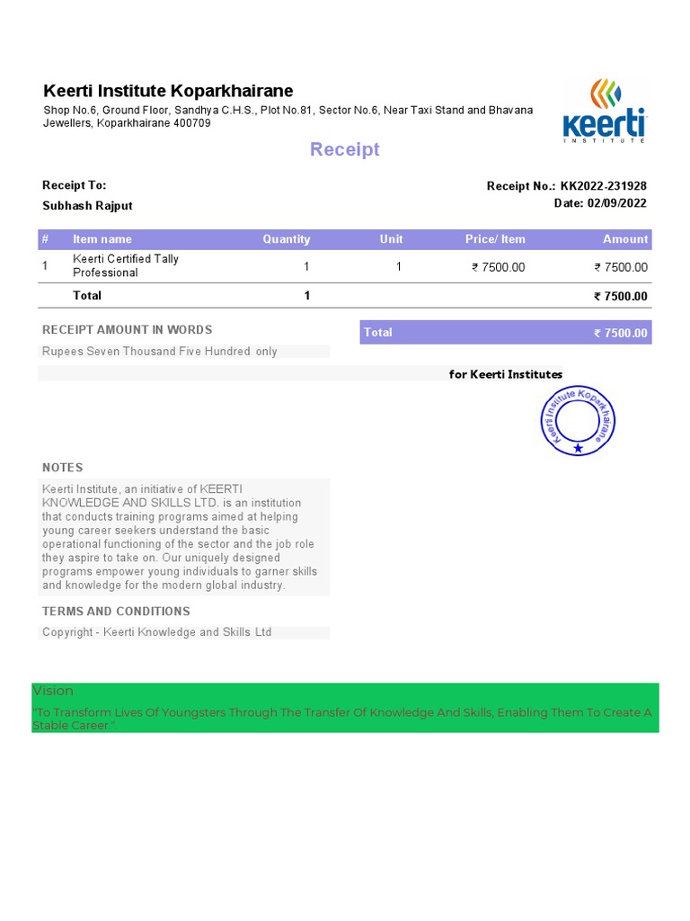 Receipt: Keerti Institute Koparkhairane | PDF