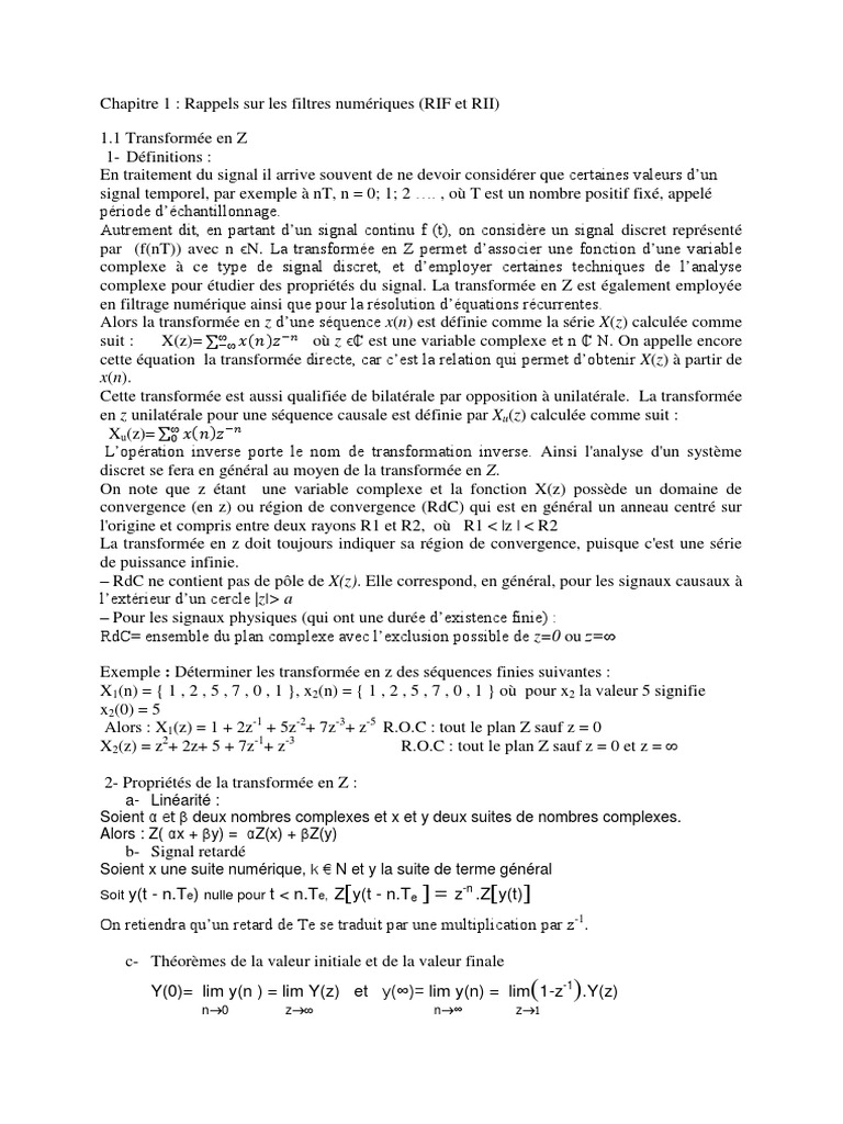 Introduction aux filtres numériques et transformée en Z | PDF | Filtre ...
