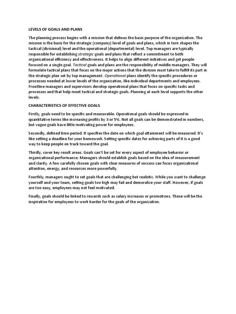 LEVELS OF GOALS AND PLANS (Management) | PDF | Goal | Organizational Behavior