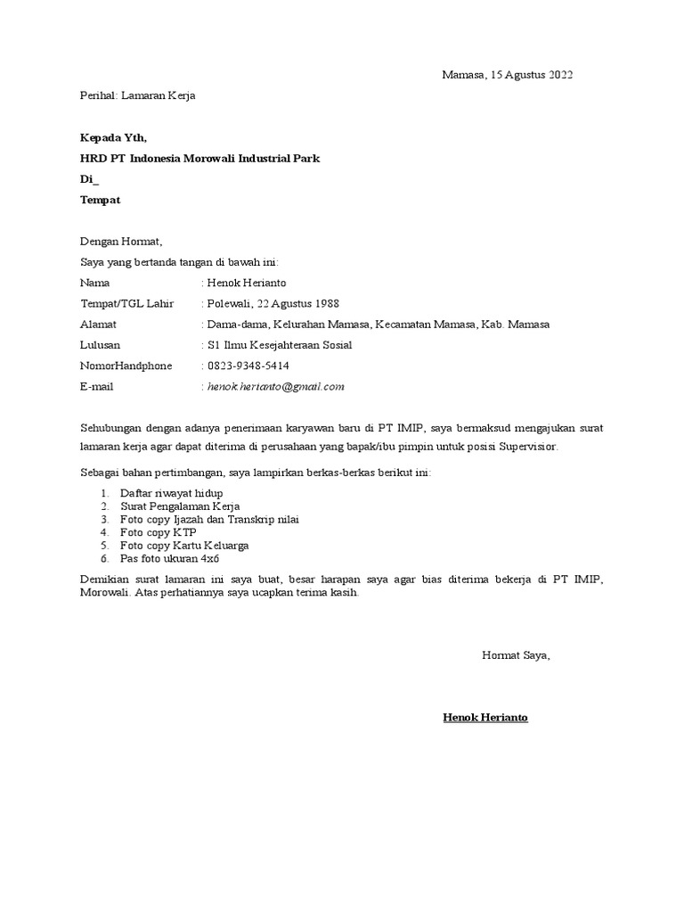 Contoh Surat Lamaran Kerja PT Imip | PDF
