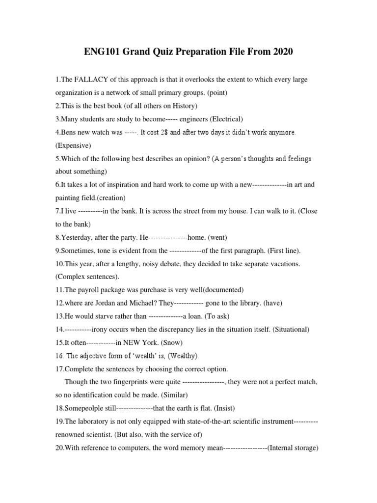 ENG101 - Grand Quiz Prepartion File | PDF | Cognitive Science | Language Mechanics
