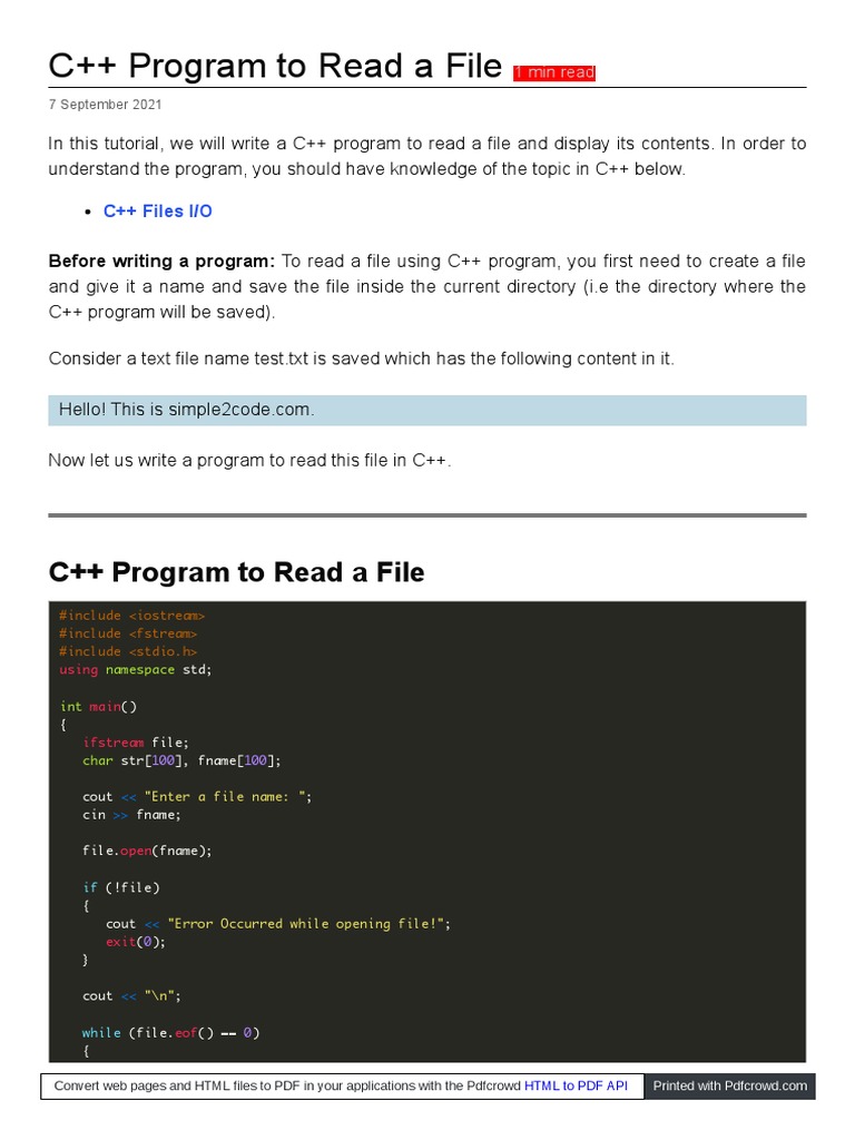 C++ Program to Read a File | PDF | Html | C++