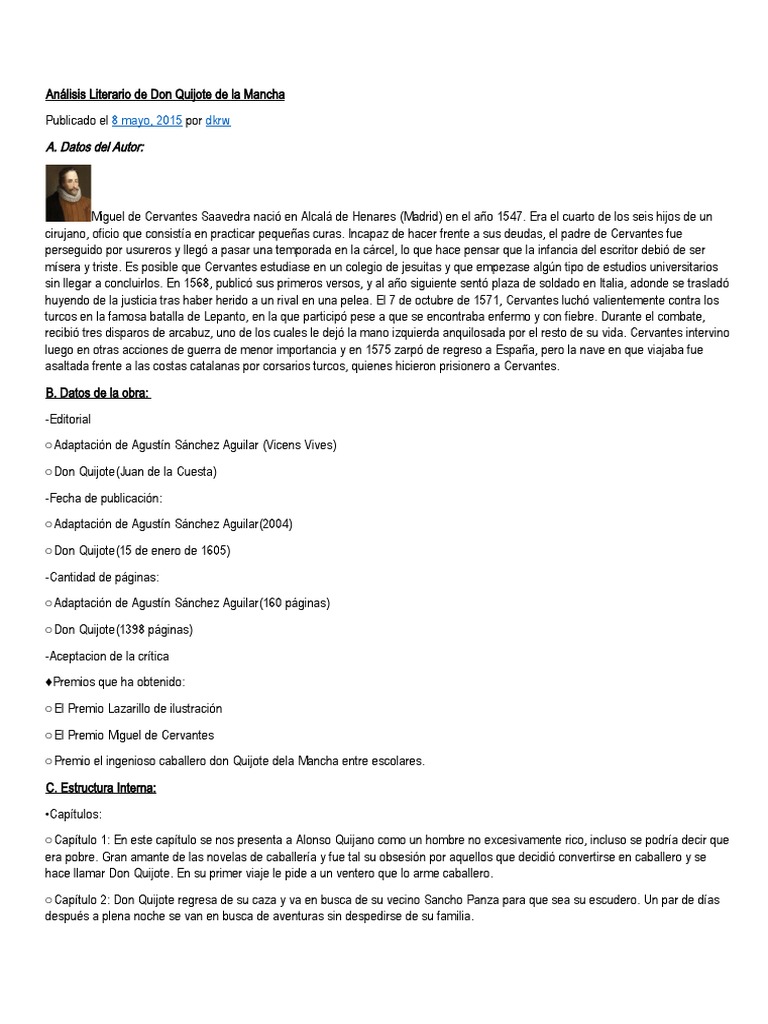 Análisis Literario de Don Quijote de la | PDF | Don Quijote | Miguel De ...