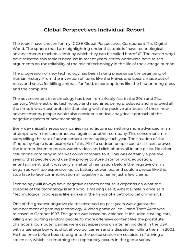 Global Perspectives Individual Report - (Essay Example), 637 Words ...