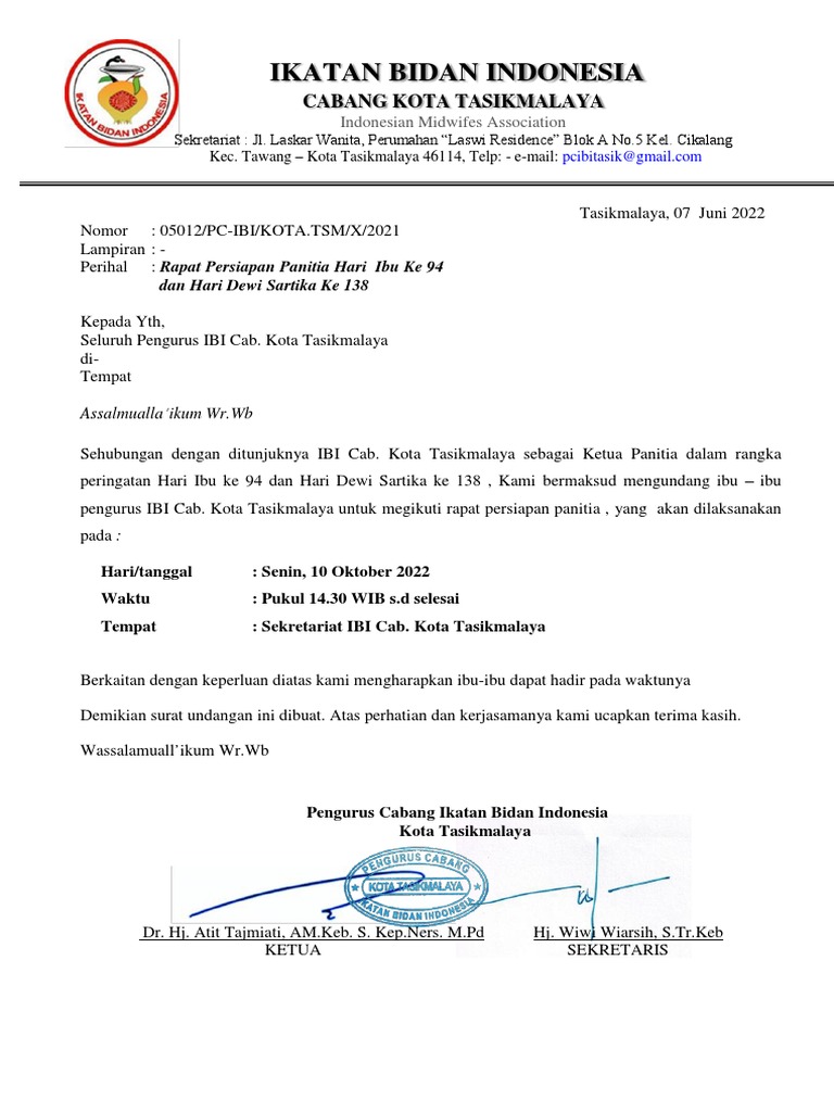 Surat Undangan Rapat Panitia H Ibu Dan H Dewi Sertika | PDF