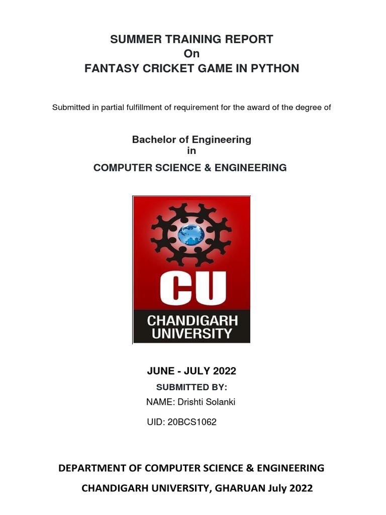 Fantasy Cricket Game Using Python Report 20bcs1062 Pdf Python Programming Language 