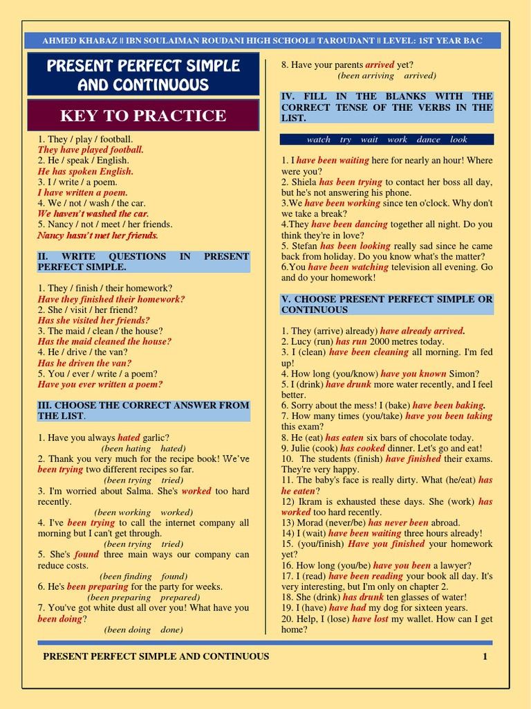 Present Perfect Simple and Continuous Key To Practice | PDF | English Language