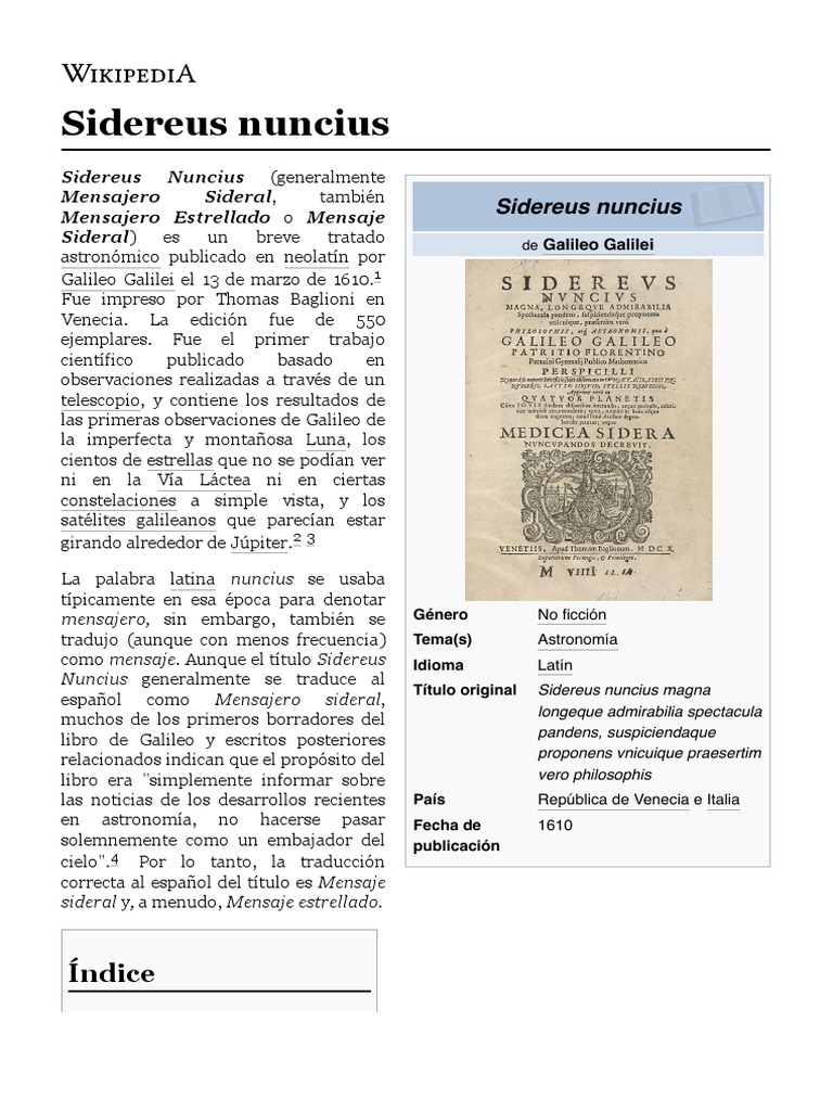 Sidereus Nuncius - Wikipedia, La Enciclopedia Libre | PDF | Galileo ...