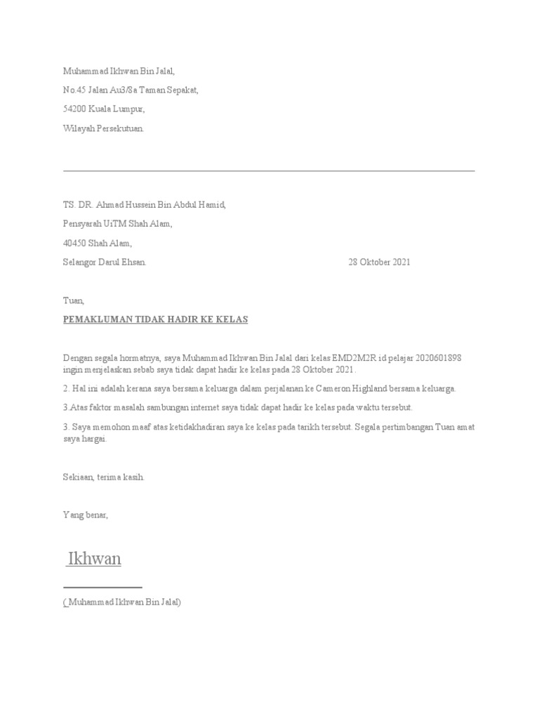 Surat Pemakluman Tidak Hadir Ke Kelas | PDF