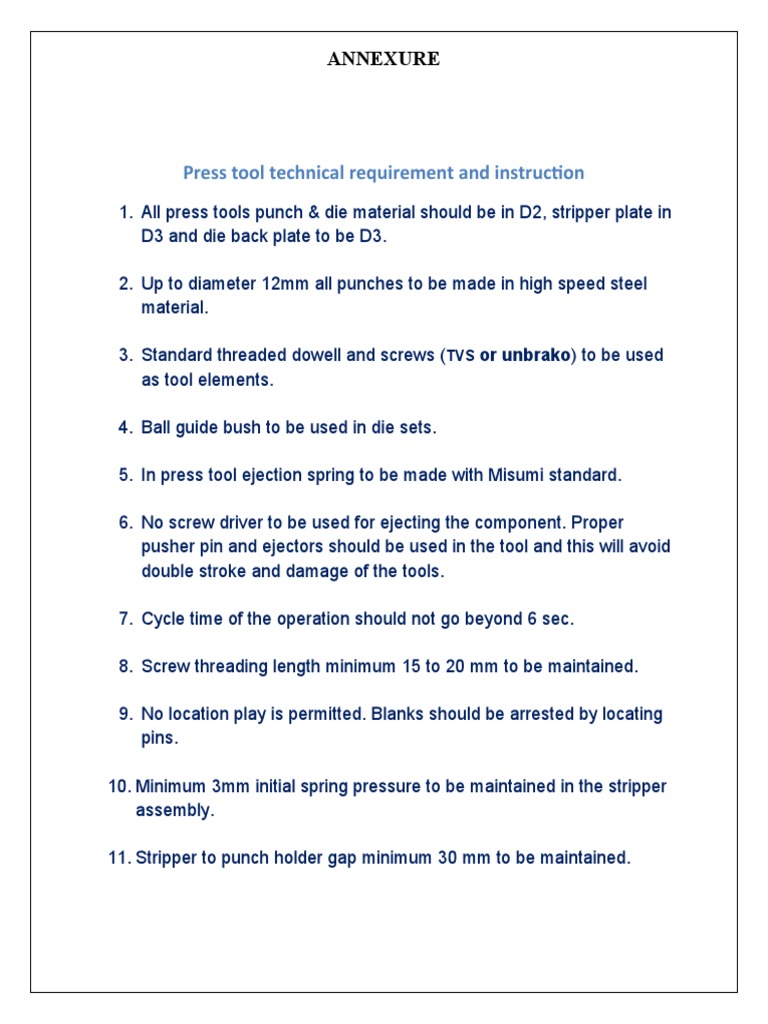 Press Tool Technical Requirements | PDF | Sheet Metal | Screw