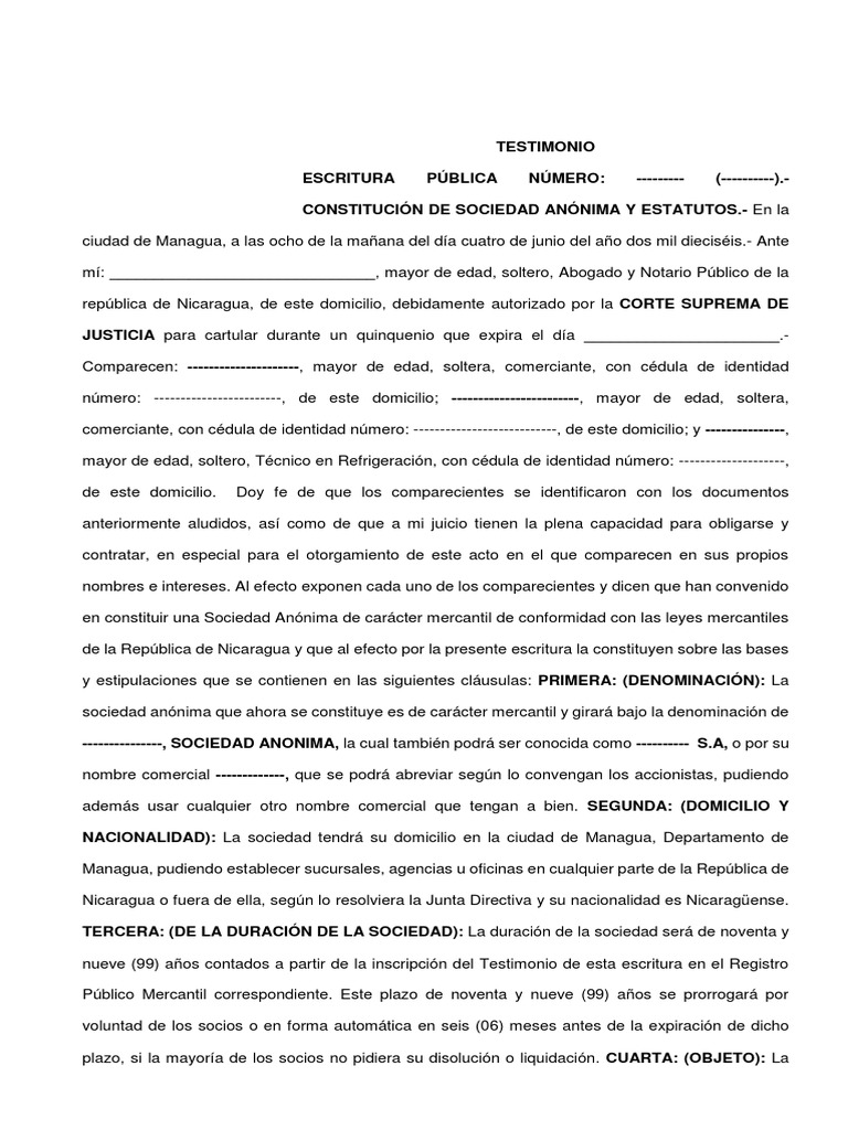 Constitucion de Sociedad Anonima y Estatutos (Formato) Nicaragua | PDF | Amortización (Negocio ...